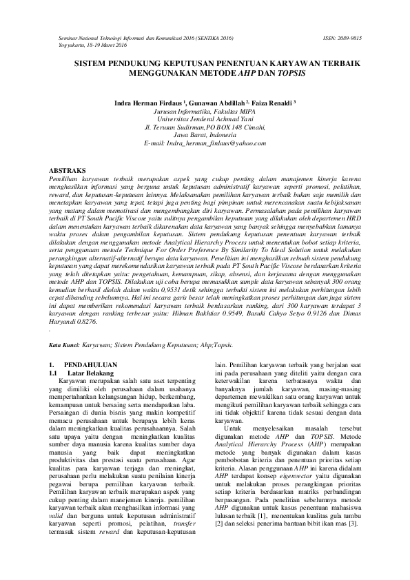 (PDF) SISTEM PENDUKUNG KEPUTUSAN PENENTUAN KARYAWAN TERBAIK MENGGUNAKAN METODE AHP DAN TOPSIS