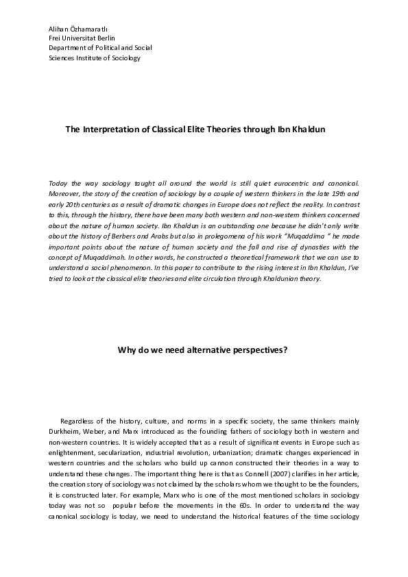 (PDF) The Interpretation of Classical Elite Theories through Ibn Khaldun