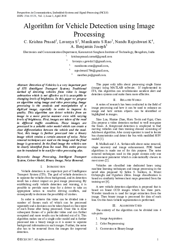 (PDF) Algorithm for Vehicle Detection using Image Processing | Editor ...