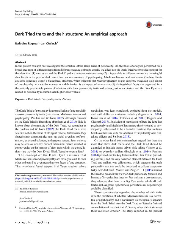 (PDF) Dark Triad traits and their structure: An empirical approach