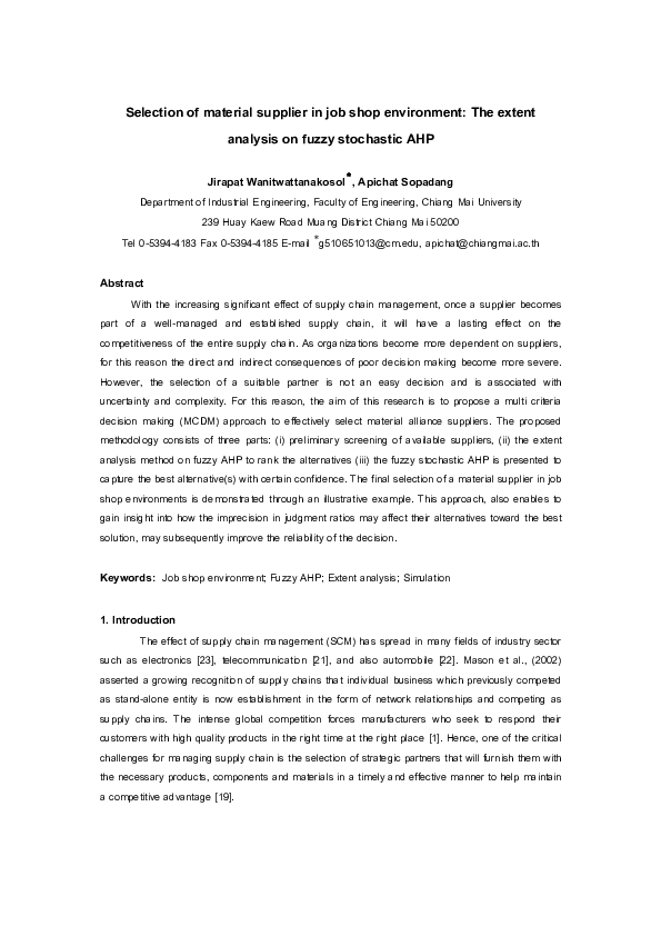 Pdf Selection Of Material Supplier In Job Shop Environment The Extent Analysis On Fuzzy