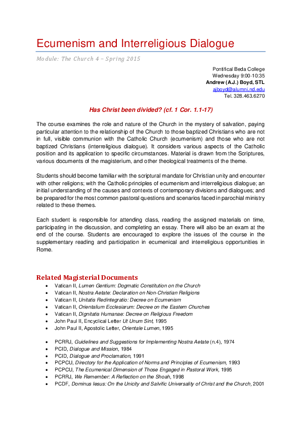 (PDF) The Church 4: Ecumenism and Interreligious Dialogue (Spring 2015)