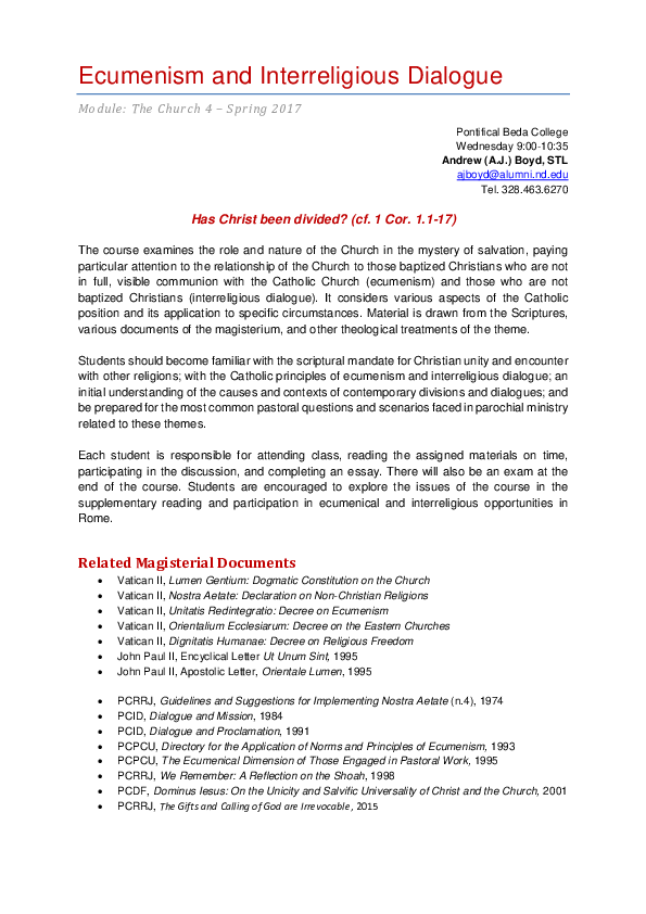 (PDF) The Church 4: Ecumenism and Interreligious Dialogue (Spring 2017)