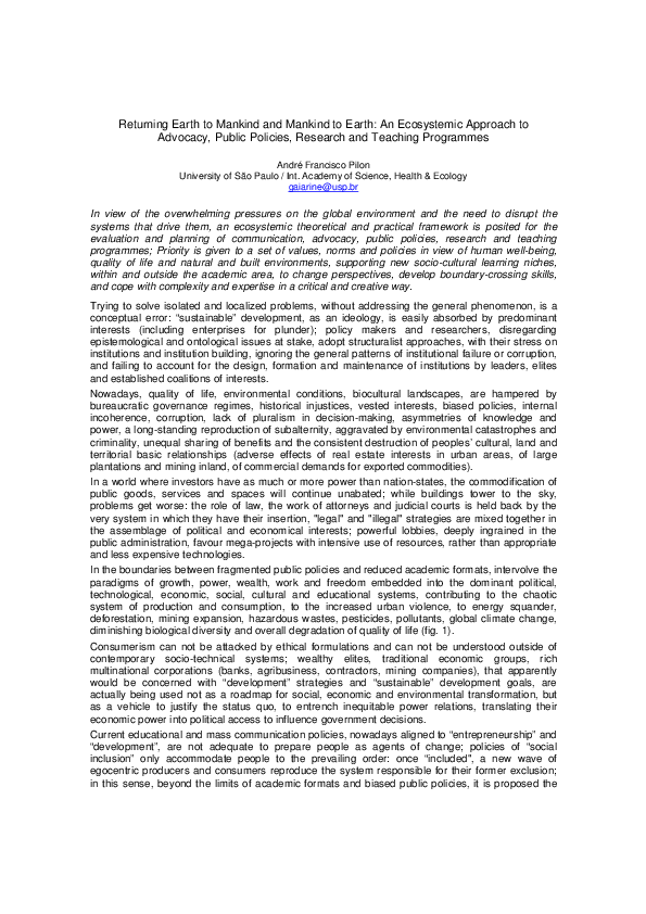 (PDF) Returning Earth to Mankind and Mankind to Earth: An Ecosystemic ...