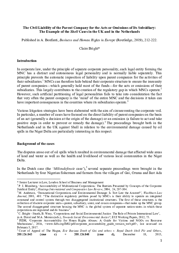 (PDF) The Civil Liability of the Parent Company for the Acts or ...