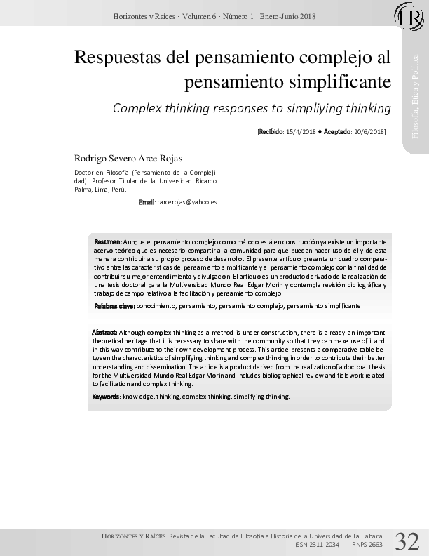 (PDF) Complex thinking responses to simpliying thinking