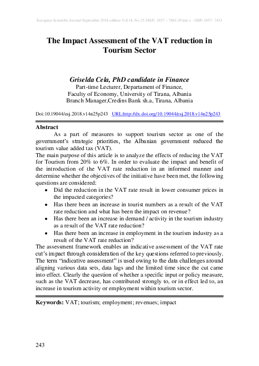 (PDF) The Impact Assessment of the VAT reduction in Tourism Sector