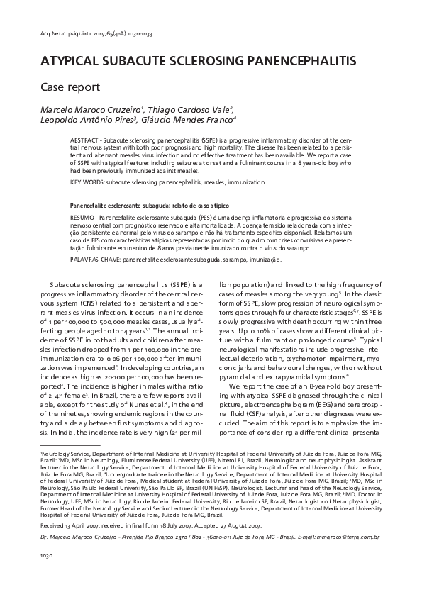 (PDF) Atypical subacute sclerosing panencephalitis: case report