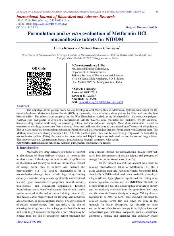 Pdf Formulation And In Vitro Evaluation Of Metformin Hcl Mucoadhesive Tablets For Niddm
