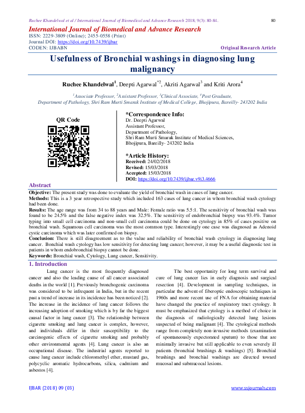 (PDF) Usefulness of Bronchial washings in diagnosing lung malignancy