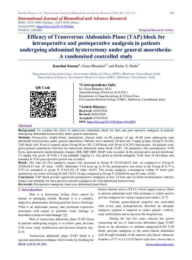 (PDF) Efficacy of Transversus Abdominis Plane (TAP) block for ...