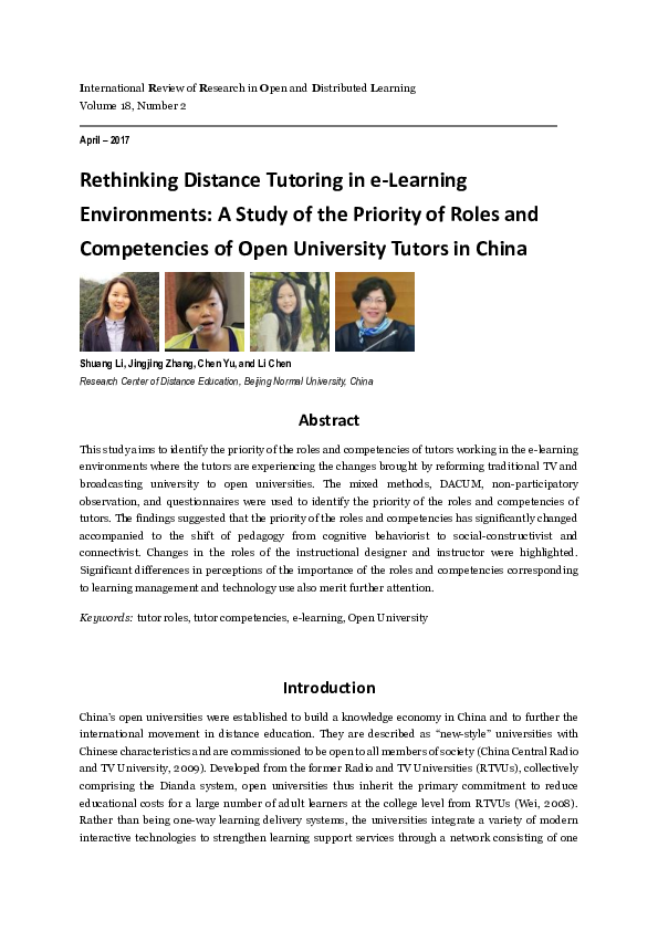 (PDF) Rethinking Distance Tutoring in e-Learning Environments: A Study of the Priority of Roles ...