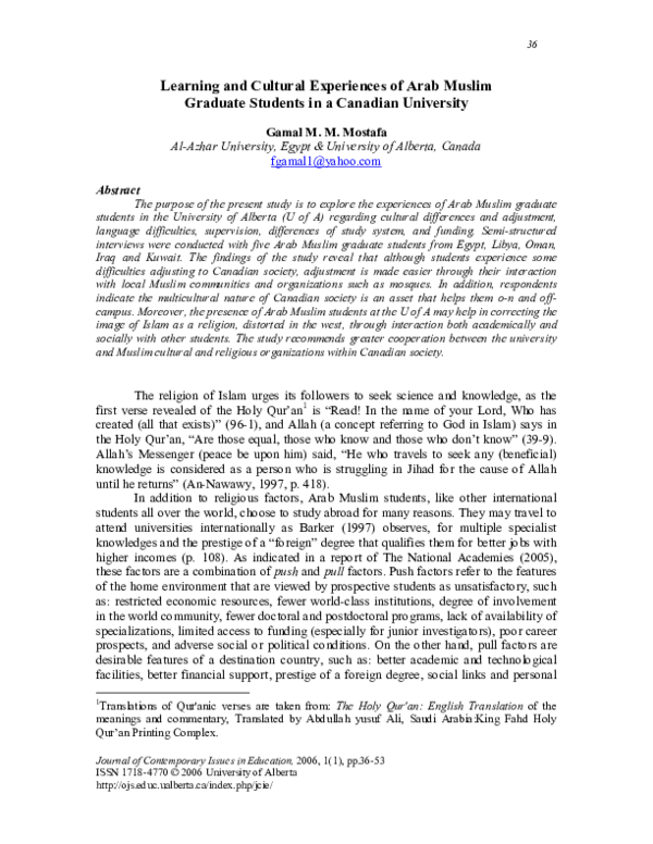 (PDF) Learning and Cultural Experiences of Arab Muslim Graduate ...
