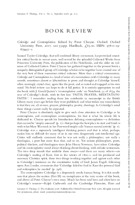 (PDF) Literature and Theology: review of Peter Cheyne (ed.), Coleridge ...