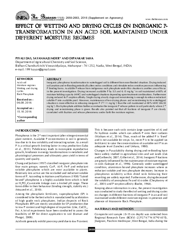 (PDF) EFFECT OF WETTING AND DRYING CYCLES ON INORGANIC PTRANSFORMATION IN AN ACID SOIL ...