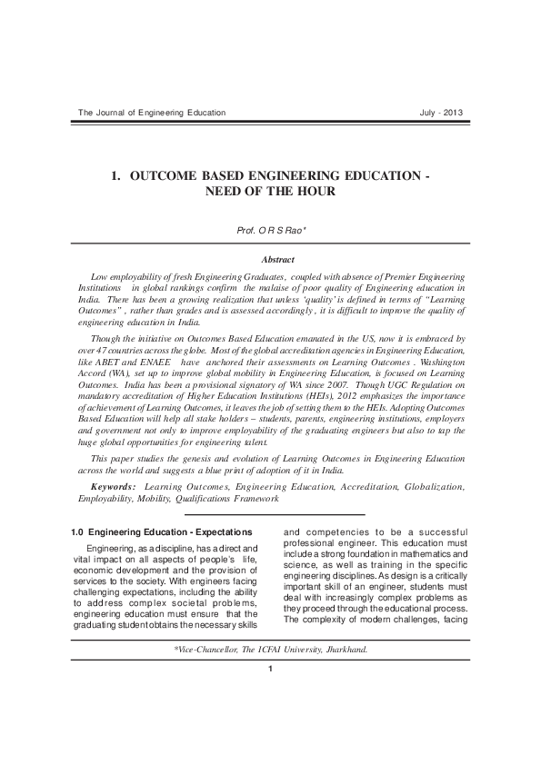 (PDF) OUTCOME BASED ENGINEERING EDUCATION - NEED OF THE HOUR