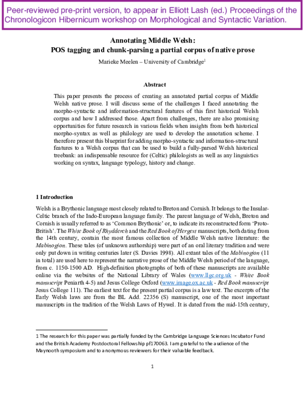 (PDF) Annotating Middle Welsh: POS tagging and chunk-parsing a partial ...