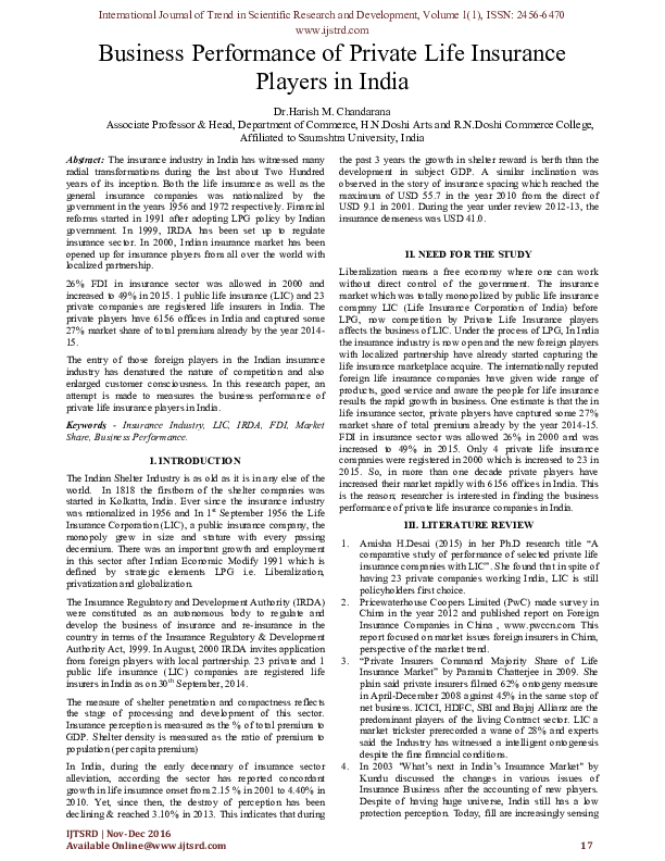 (PDF) Business Performance of Private Life Insurance Players in India