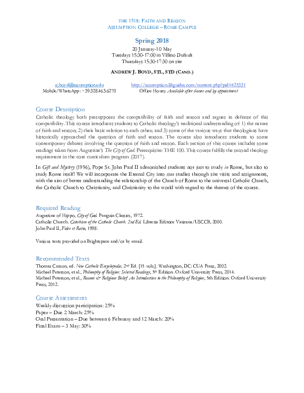 (PDF) THEO 151R: Faith and Reason (Spring 2018)