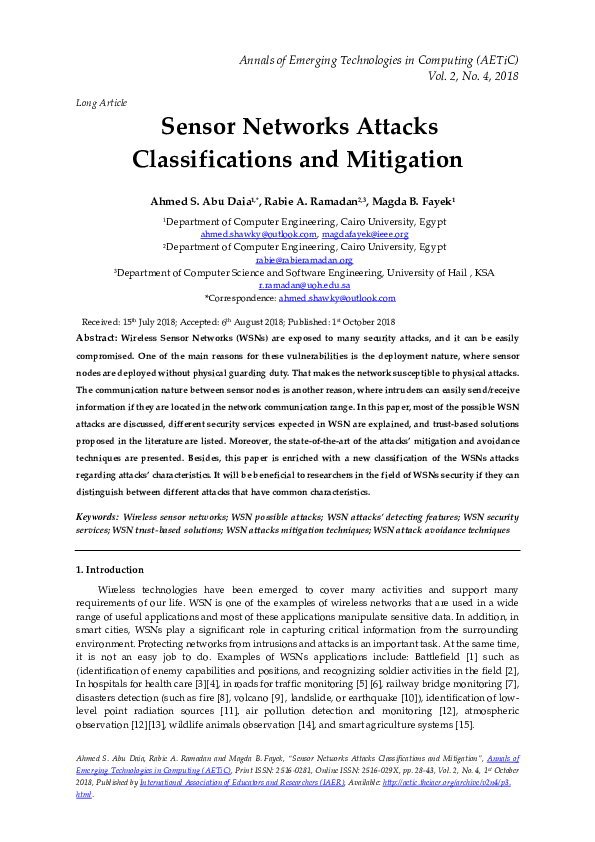 Pdf Sensor Networks Attacks Classifications And Mitigation