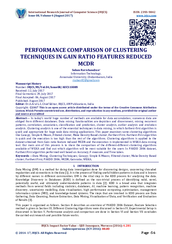 (PDF) PERFORMANCE COMPARISON OF CLUSTERING TECHNIQUES IN GAIN RATIO FEATURES REDUCED MCDR