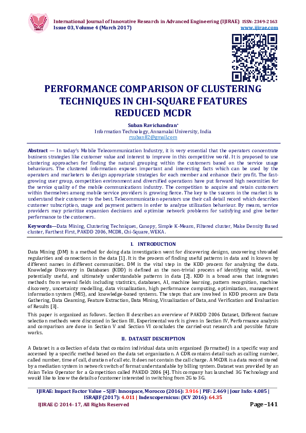 Pdf Performance Comparison Of Clustering Techniques In Chi Square Features Reduced Mcdr