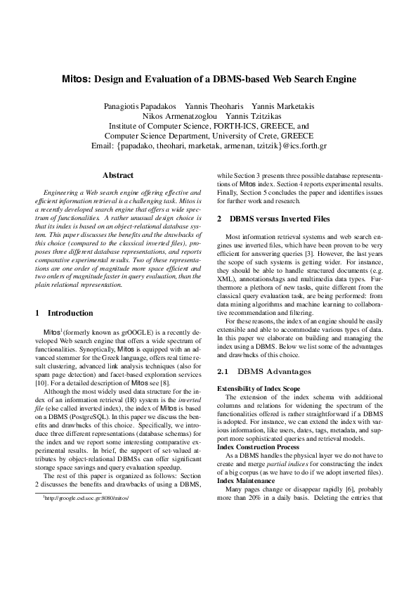 (PDF) Mitos: Design and Evaluation of a DBMS-Based Web Search Engine