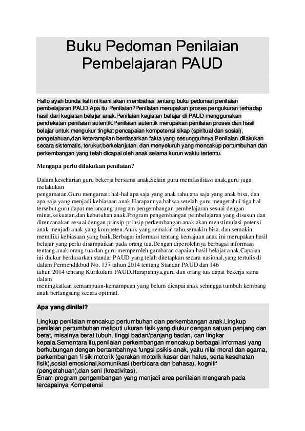 (DOC) Buku Pedoman Penilaian Pembelajaran PAUD (DOC) Buku Pedoman Penilaian Pembelajaran PAUD