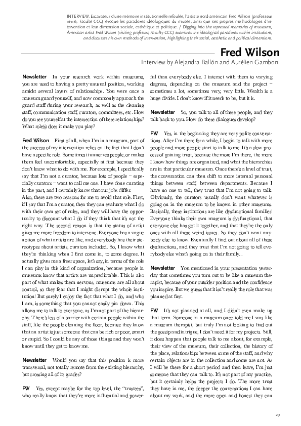(PDF) Fred Wilson. Interview by Alejandra Ballón and Aurélien Gamboni
