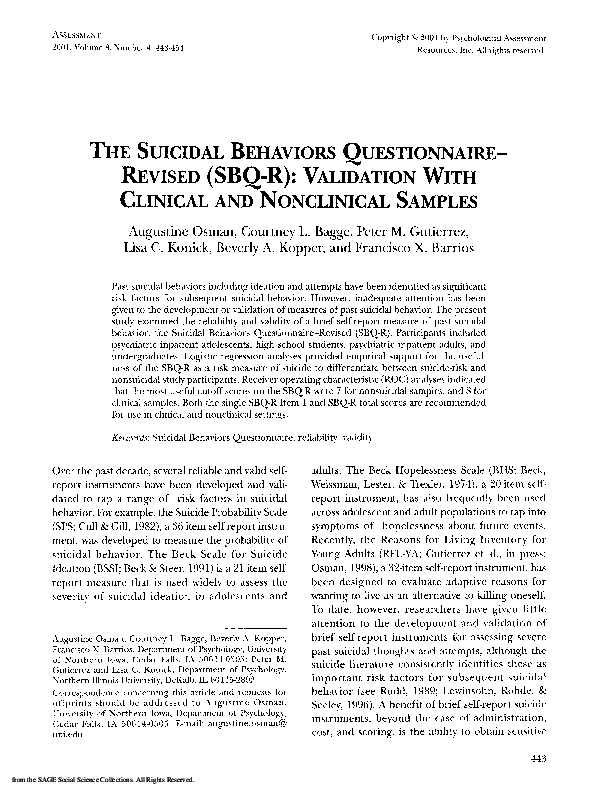 (PDF) The Suicidal Behaviors Questionnaire-Revised (SBQ-R):Validation ...