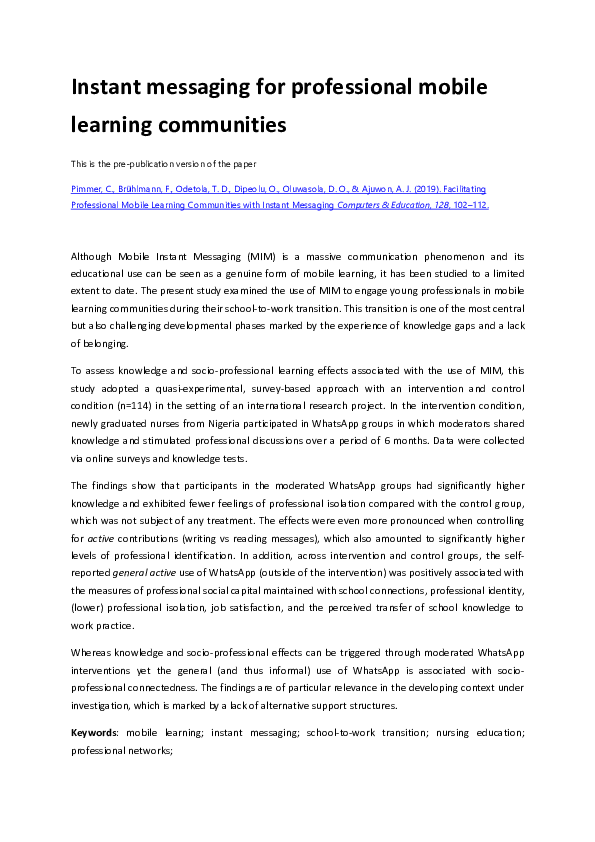 (PDF) Instant messaging for professional mobile learning communities