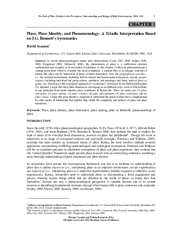 (PDF) Place, Place Identity, and Phenomenology (2012)