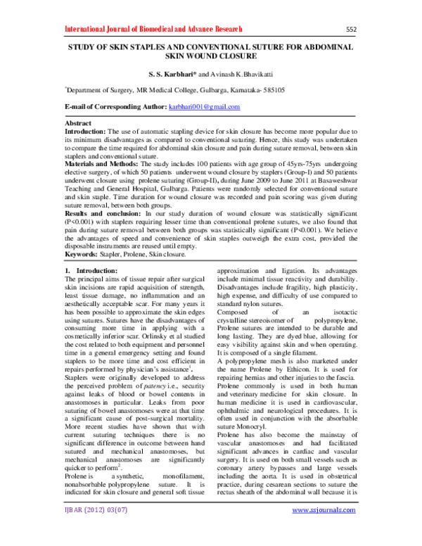 (PDF) STUDY OF SKIN STAPLES AND CONVENTIONAL SUTURE FOR ABDOMINAL SKIN ...