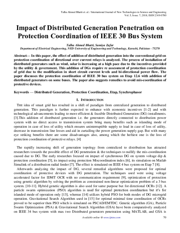 Pdf Impact Of Distributed Generation Penetration On Protection Coordination Of Ieee 30 Bus System