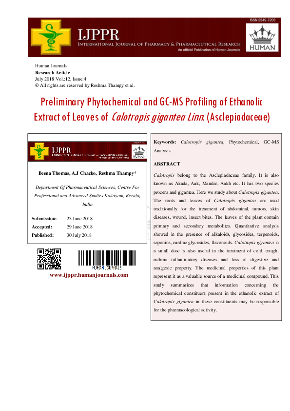 (PDF) Preliminary Phytochemical and GC-MS Profiling of Ethanolic Extract of Leaves of Calotropis ...