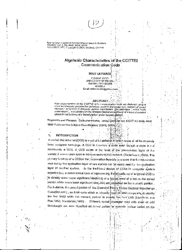 (PDF) Algebraic Characteristics of the CCITT#2 Communication Code