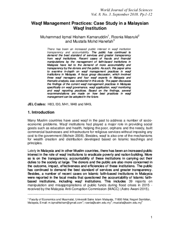 (PDF) Waqf Management Practices: Case Study in a Malaysian Waqf Institution