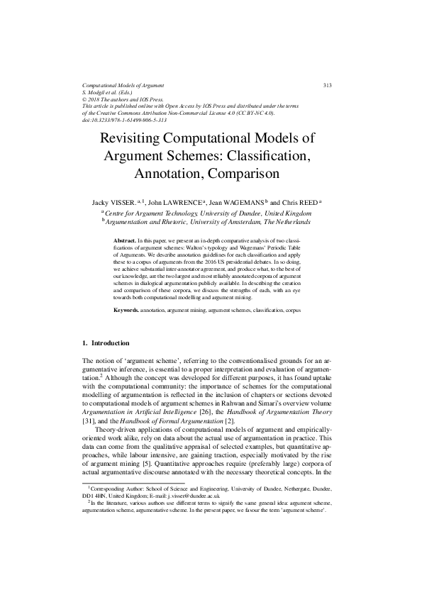 (PDF) Revisiting Computational Models of Argument Schemes: Classification, Annotation, Comparison