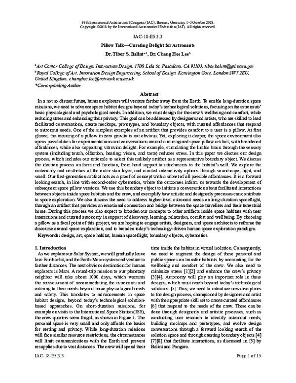 (PDF) Pillow Talk—Curating Delight for Astronauts | Tibor Balint and Chang Hee Lee - Academia.edu