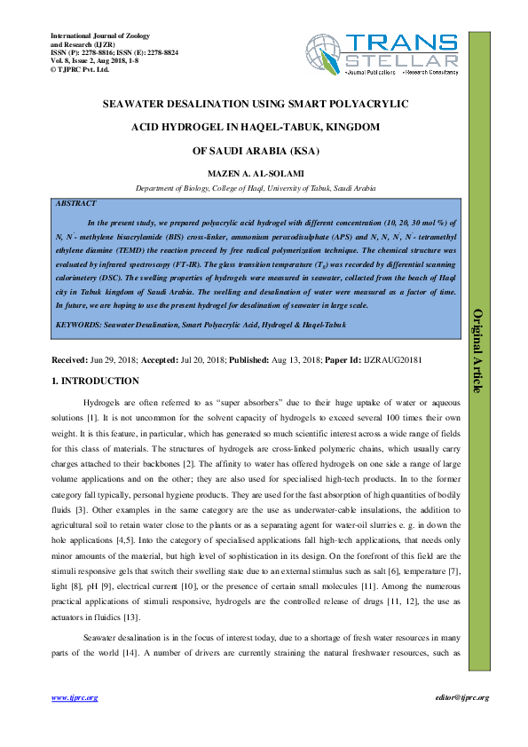 (PDF) SEAWATER DESALINATION USING SMART POLYACRYLIC ACID HYDROGEL IN ...