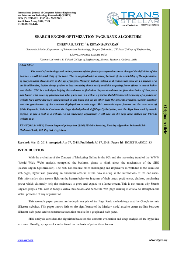 (PDF) SEARCH ENGINE OPTIMIZATION PAGE RANK ALGORITHM