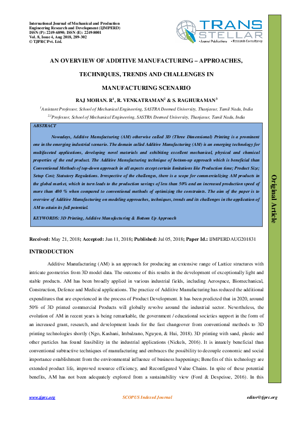 (PDF) AN OVERVIEW OF ADDITIVE MANUFACTURING – APPROACHES, TECHNIQUES ...