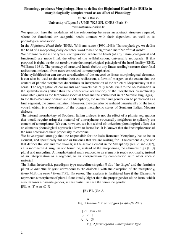 (PDF) Phonology produces Morphology. How to define the Righthand Head ...