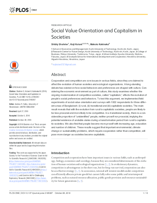 (PDF) Social Value Orientation and Capitalism in Societies