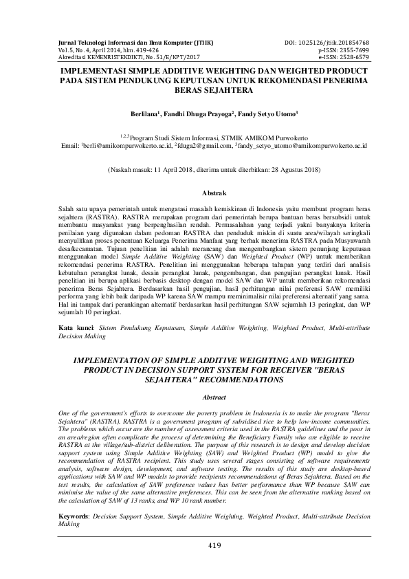 Pdf Implementasi Simple Additive Weighting Dan Weighted Product Pada