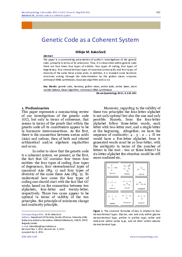 Pdf Genetic Code As A Coherent System Miloje Rakocevic