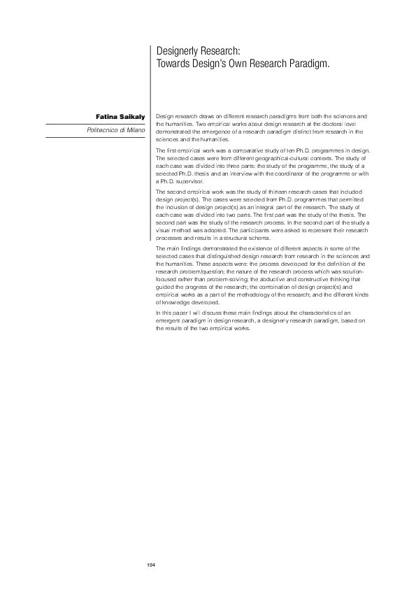 (PDF) Designerly research: towards design’s own research paradigm.