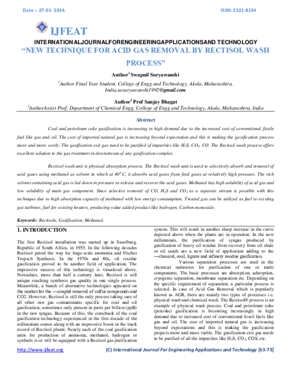 (PDF) IJFEAT " NEW TECHNIQUE FOR ACID GAS REMOVAL BY RECTISOL WASH