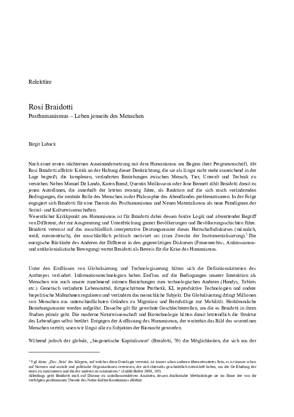(PDF) Rosi Braidotti: Posthumanismus – Leben jenseits des Menschen