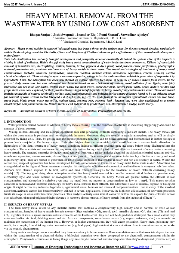 (PDF) HEAVY METAL REMOVAL FROM THE WASTEWATER BY USING LOW COST ADSORBENT